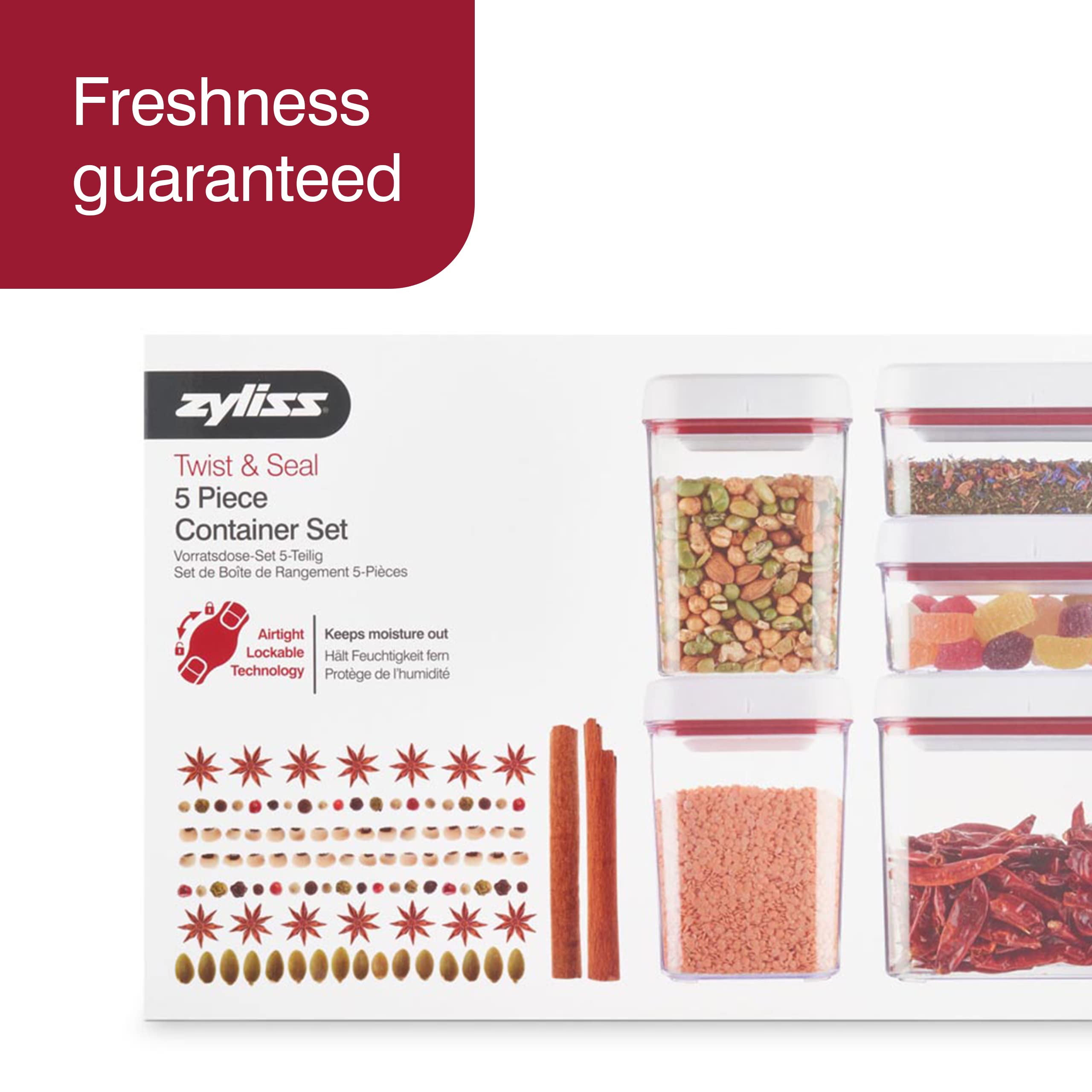 Zyliss Twist & Seal 5-Piece Storage Container Set - Airtight Food Storage Containers - Coffee, Sugar, Cereal, Flour, Pasta and Snack Containers - BPA-Free Food Storage - 5 Pieces