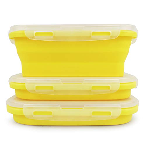 CCyanzi Set of 3 Yellow Collapsible Food Containers Collapsible Camping Bowl Silicone Storage Containers, Safe to Microwave and Freezer, 800ml