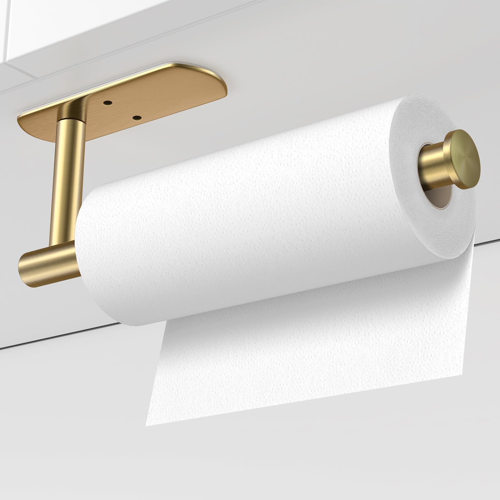 VAEHOLD Self Adhesive Paper Towel Holder Under Cabinet Mount, Wall Mounted Paper Towel Roll Holder for Kitchen, Bathroom, Wall - SUS304 Stainless Steel (Gold)