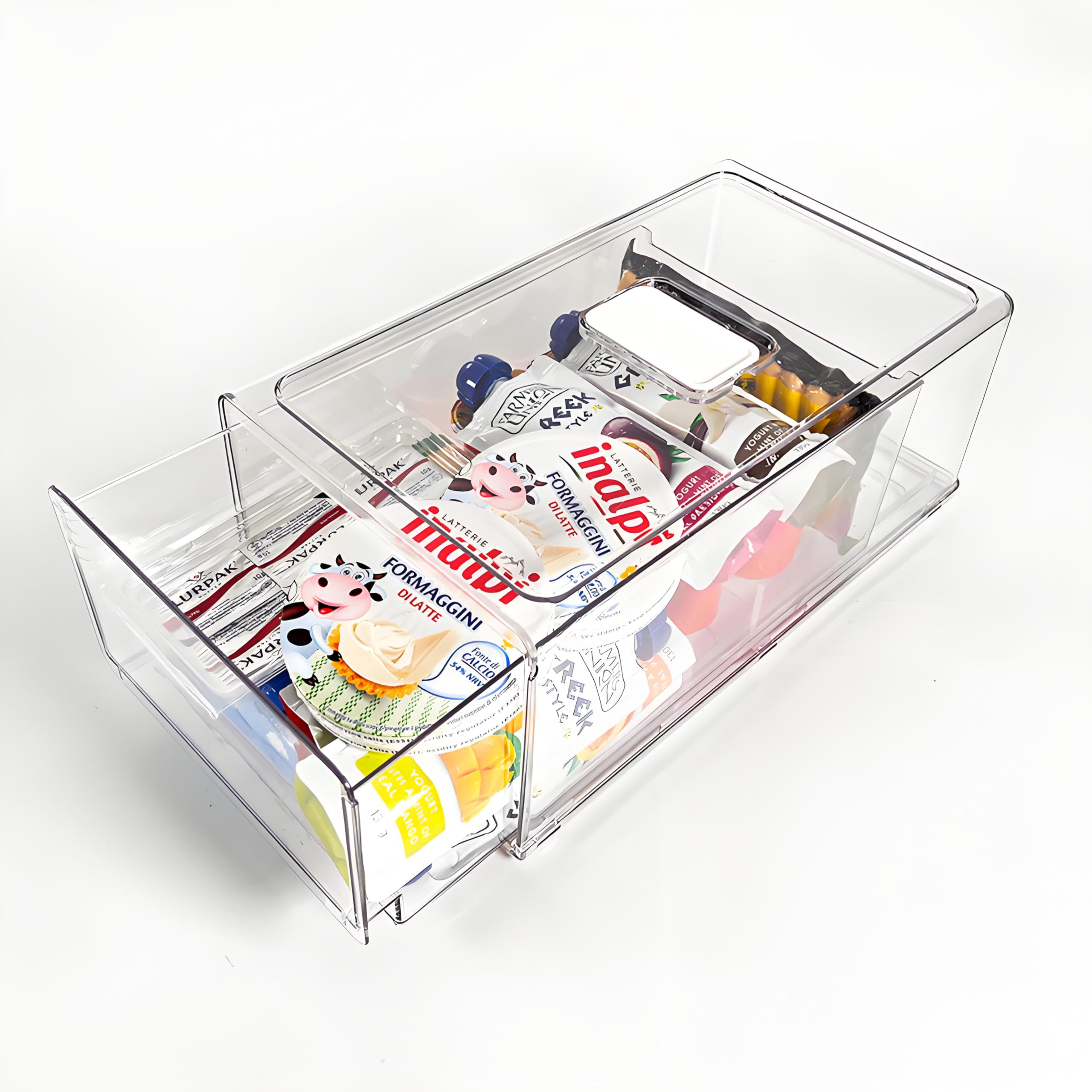 GREENTEC Fridge Organizer, Stackable Storage Container, Refrigerator Drawer, Pull Out Organization Bin for Kitchen, Closet, Sliding Freezer Organizer, Large, BPA Free