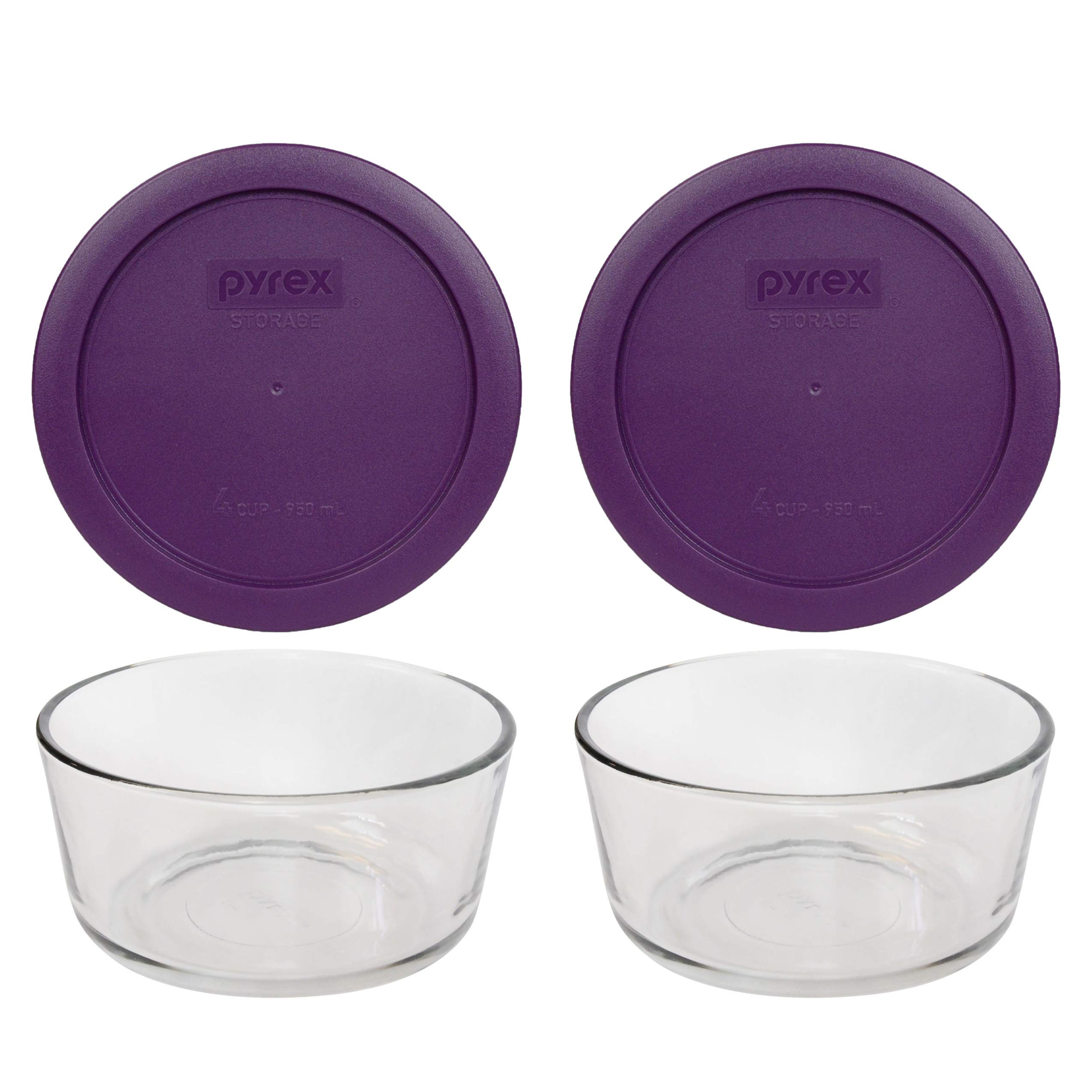 Pyrex (2 7201 4 cup Glass Dishes & (2) 7201-PC 4 Cup Purple Lids Made in the USA