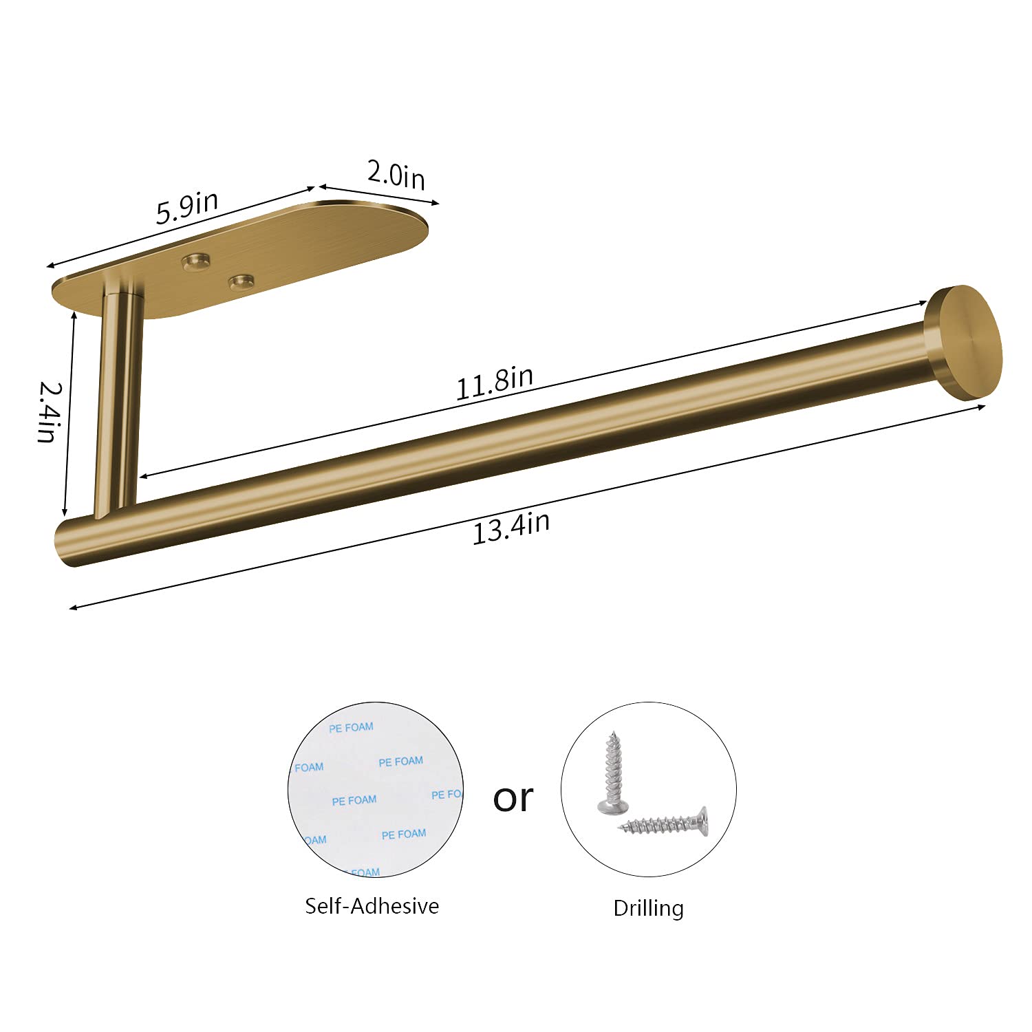 VAEHOLD Self Adhesive Paper Towel Holder Under Cabinet Mount, Wall Mounted Paper Towel Roll Holder for Kitchen, Bathroom, Wall - SUS304 Stainless Steel (Gold)