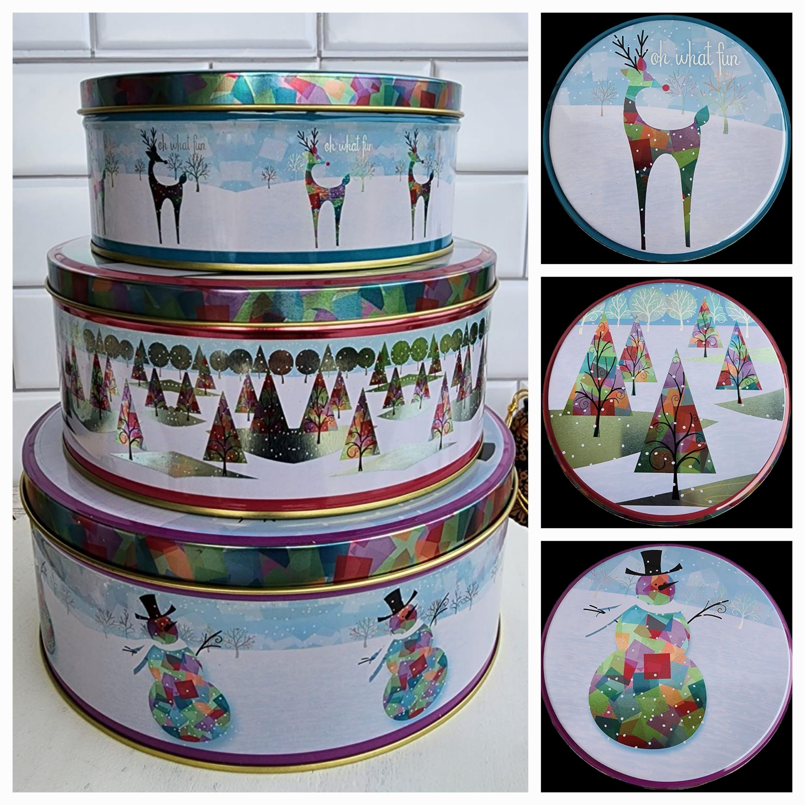 hadaaya Pack of 3 Round Tin Containers With Lids, Snowfall Themed Festive Cookie Tins For Cookies, Candies, Popcorn and many more | Tins For Gift Giving