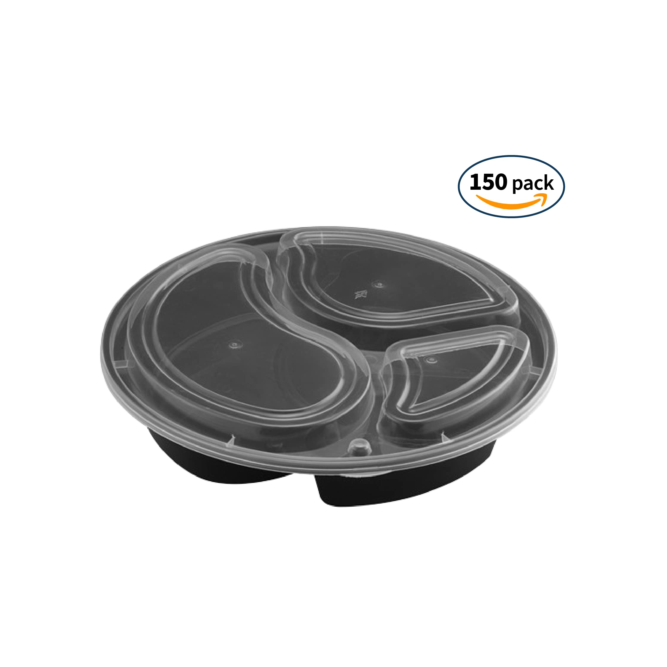 TIYA Takeout Food Containers - 45 oz Bulk 150 Pack with Lids - Round 3-Compartment To-Go Containers - Reusable, Microwavable, Dishwasher Safe - Leak-Proof, Great for Meal Prep - BPA-Free