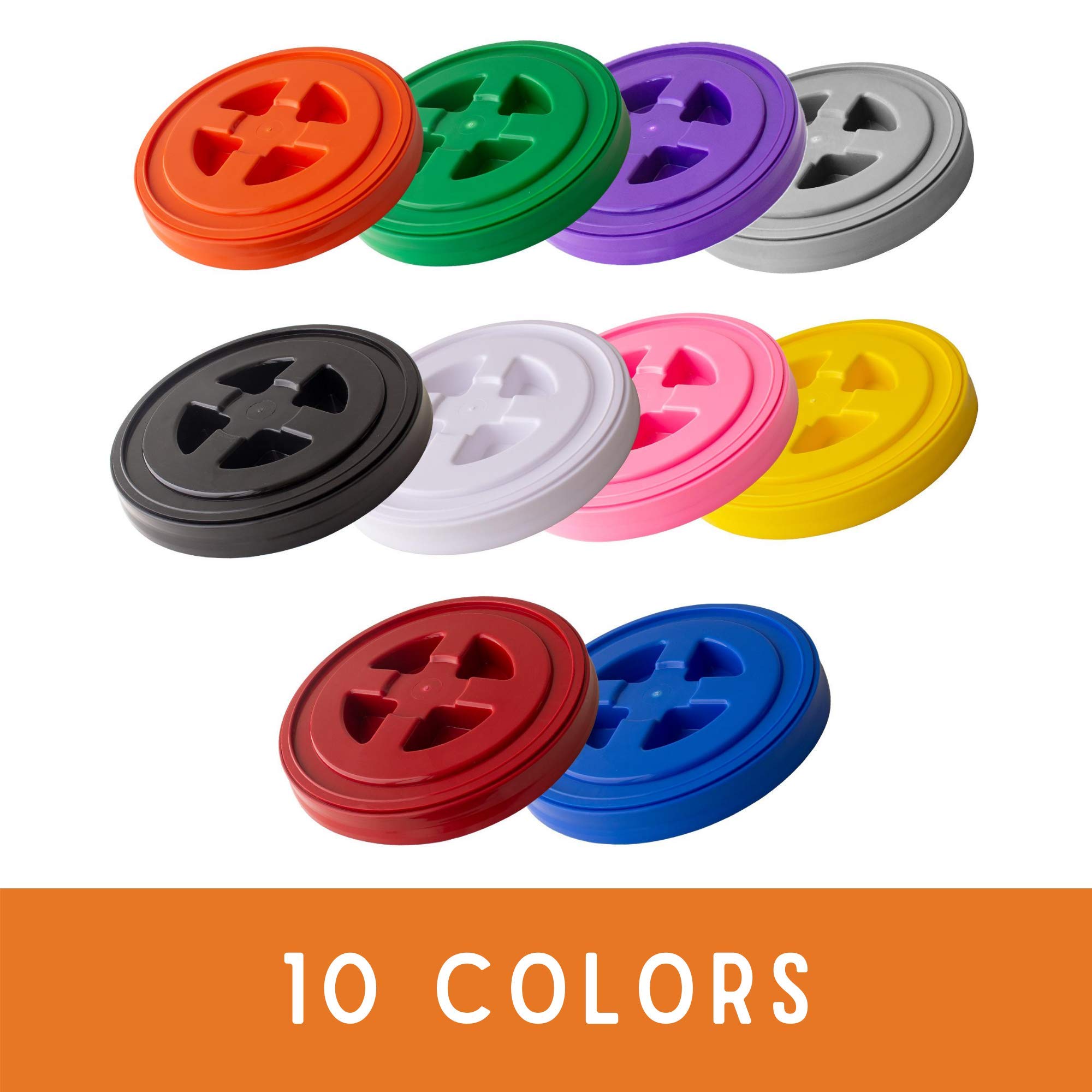 Smart Seal Replacement Lid - 10 Pk, Multi Color - Easy Screw On Container Lid for 3.5,5,6 & 7 Gallon Buckets - Food Grade, Industrial, Storage, Wood Pellets, Cat & Dog Food, More
