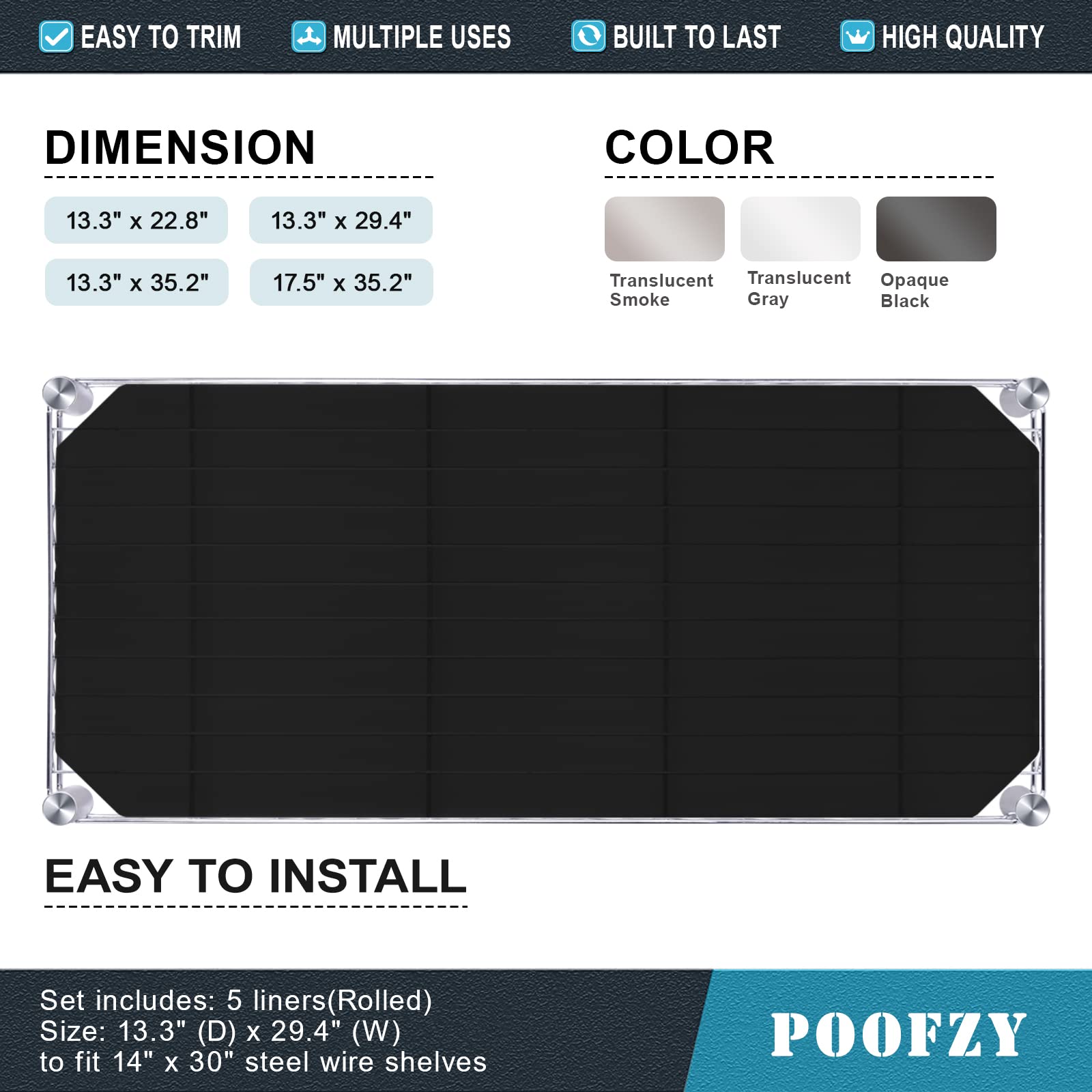 Poofzy Wire Shelf Liner 14 x 36, Set of 5 Shelf Liners for Wire Shelving Plastic Non-Adhesive for Pantry, Kitchen Cabinets (Black)