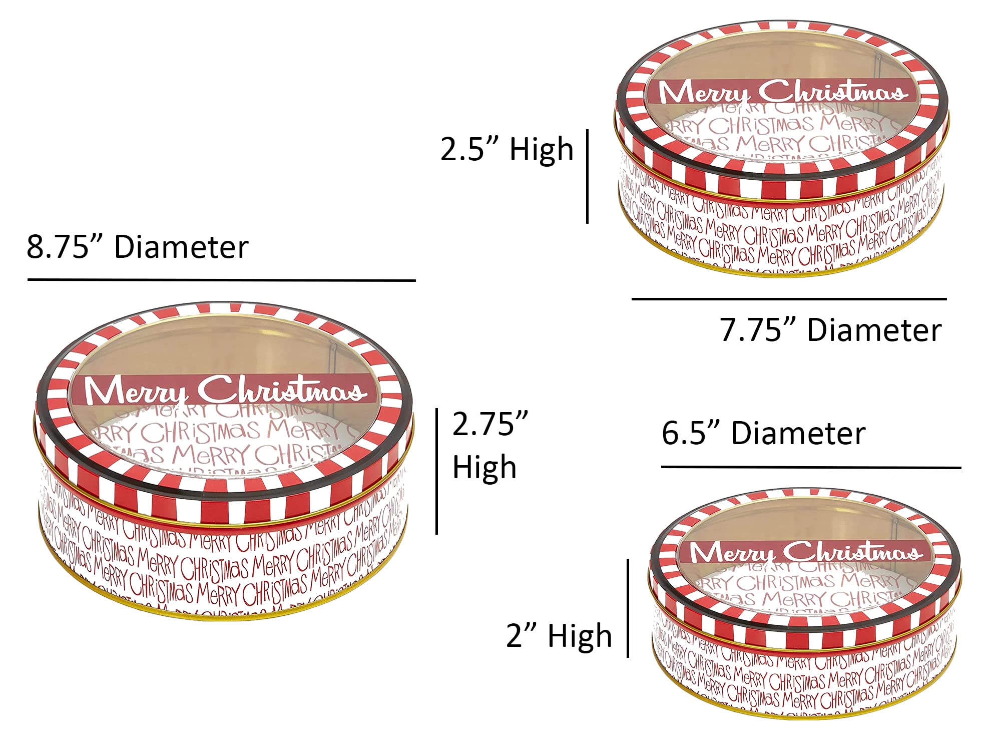 hadaaya Pack of 3 Round Nesting Tins with Clear Lids, Festive Holiday Cookie Tins for Treats & Gifts, Multipurpose Storage Container for Cookies, Snacks & More - Featuring Merry Christmas Text On Lid
