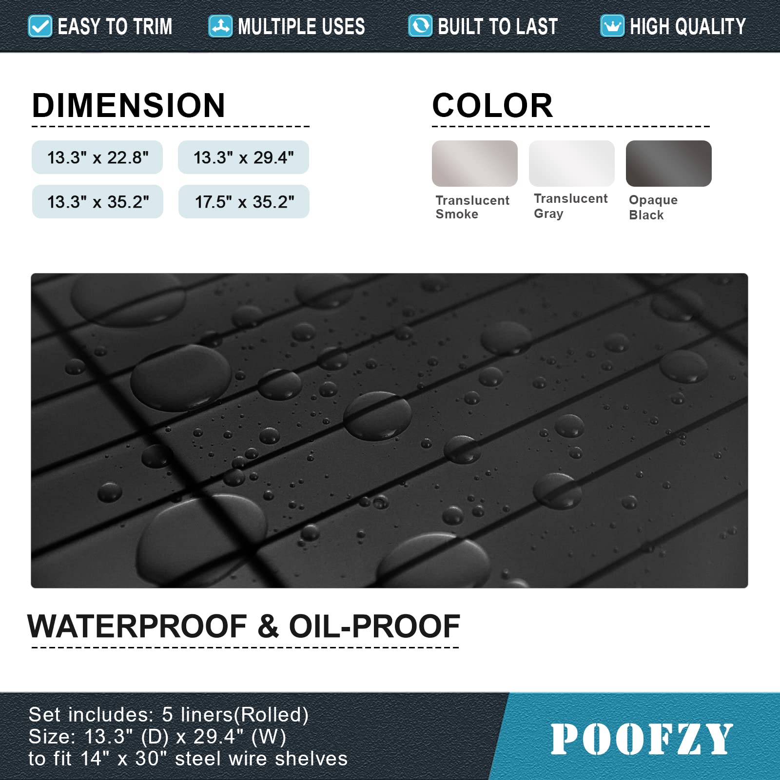 Poofzy Wire Shelf Liner 14 x 36, Set of 5 Shelf Liners for Wire Shelving Plastic Non-Adhesive for Pantry, Kitchen Cabinets (Black)