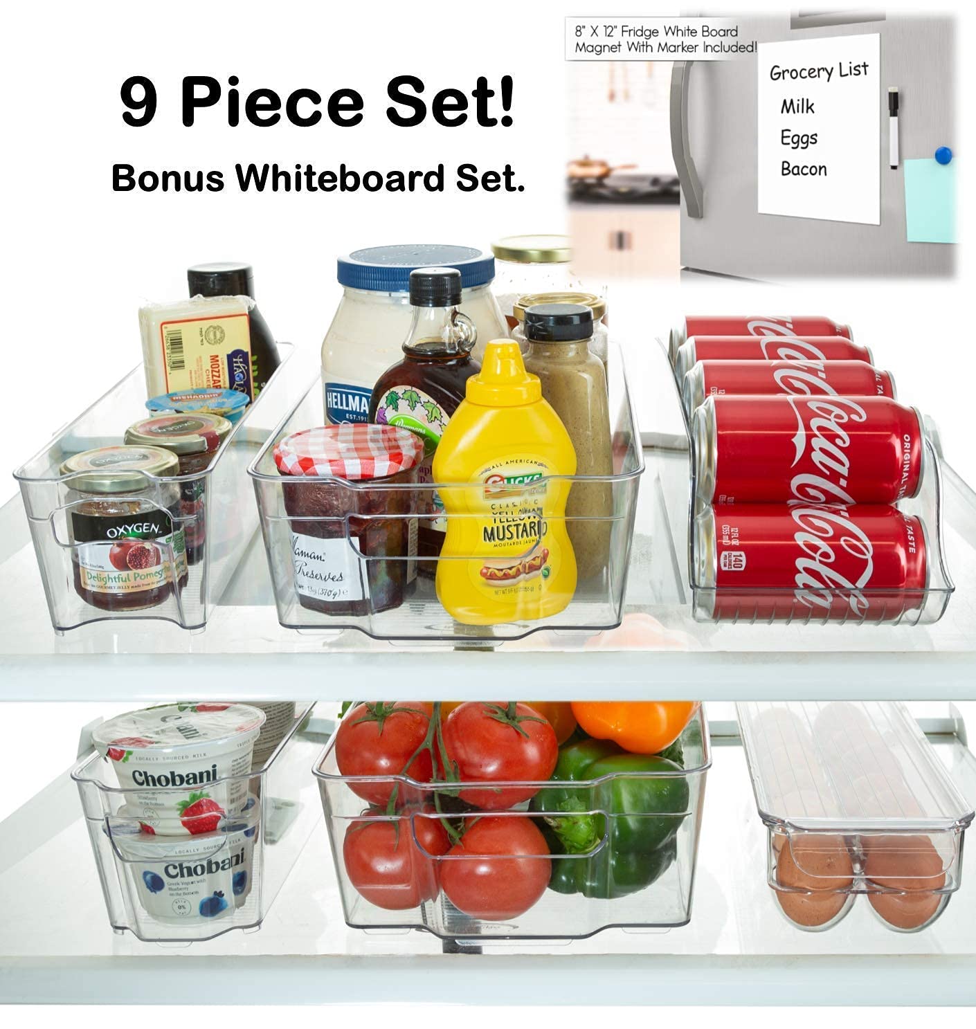 StorageMaid Stackable Storage Fridge Bins - Refrigerator Organizer Bins for Fridge, Freezer, Pantry and Kitchen. Includes Bonus Magnetic Dry-Erase Whiteboard & Markers Set (9-Piece Set)