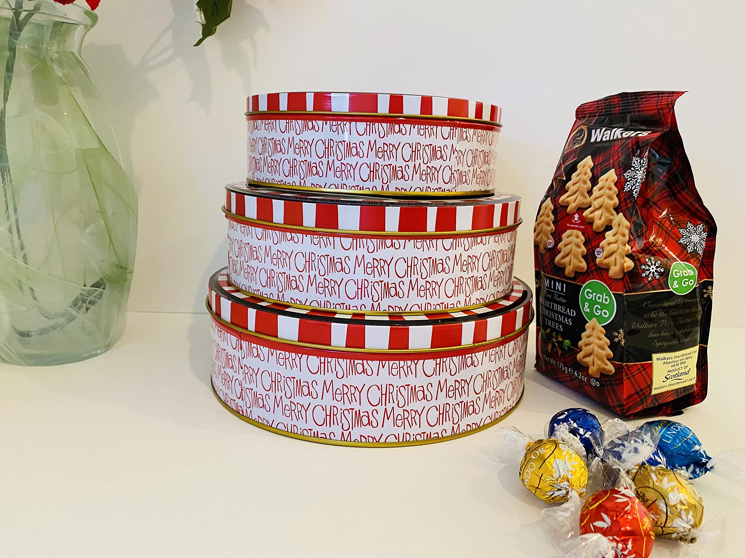 hadaaya Pack of 3 Round Nesting Tins with Clear Lids, Festive Holiday Cookie Tins for Treats & Gifts, Multipurpose Storage Container for Cookies, Snacks & More - Featuring Merry Christmas Text On Lid