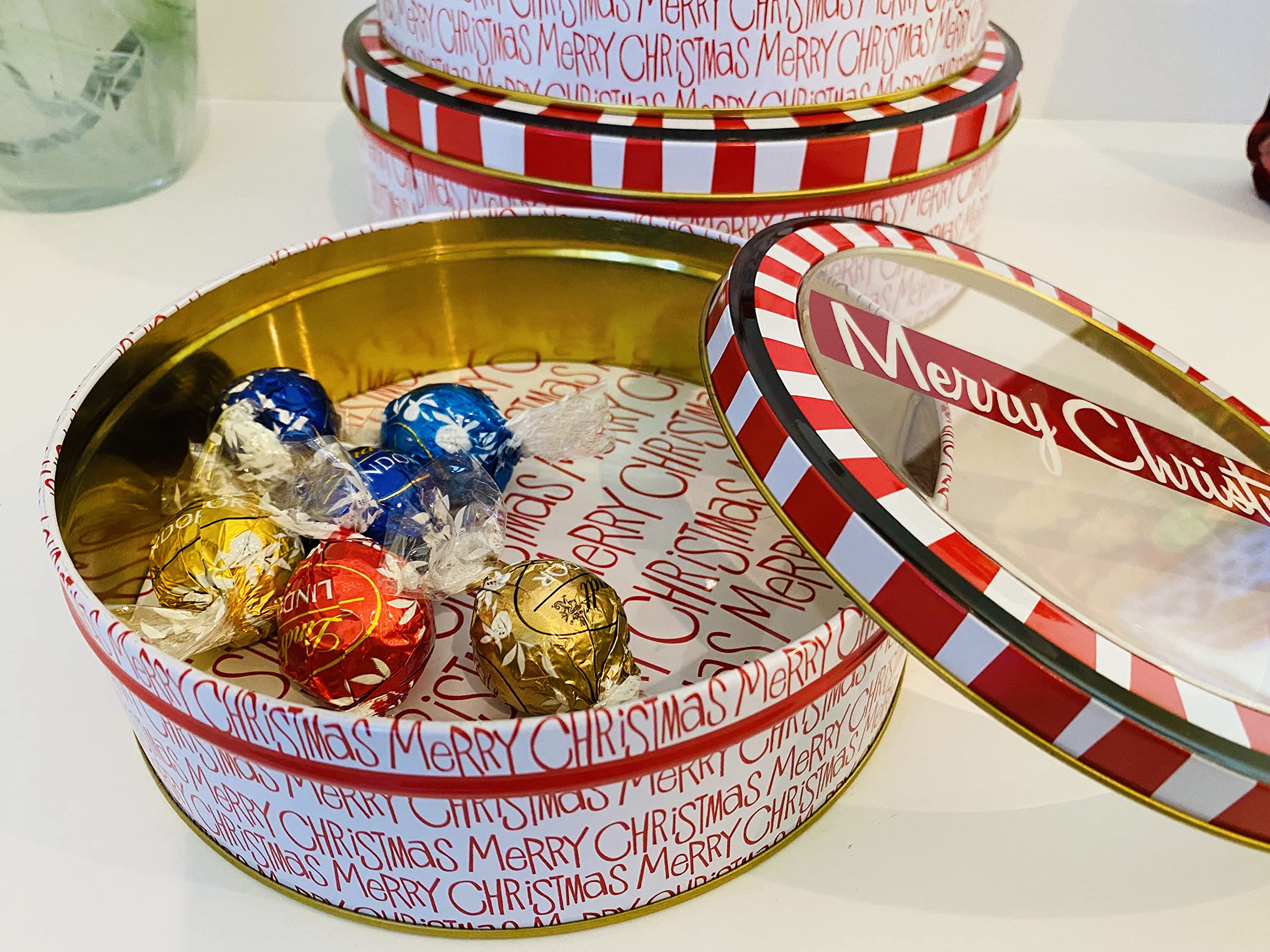 hadaaya Pack of 3 Round Nesting Tins with Clear Lids, Festive Holiday Cookie Tins for Treats & Gifts, Multipurpose Storage Container for Cookies, Snacks & More - Featuring Merry Christmas Text On Lid