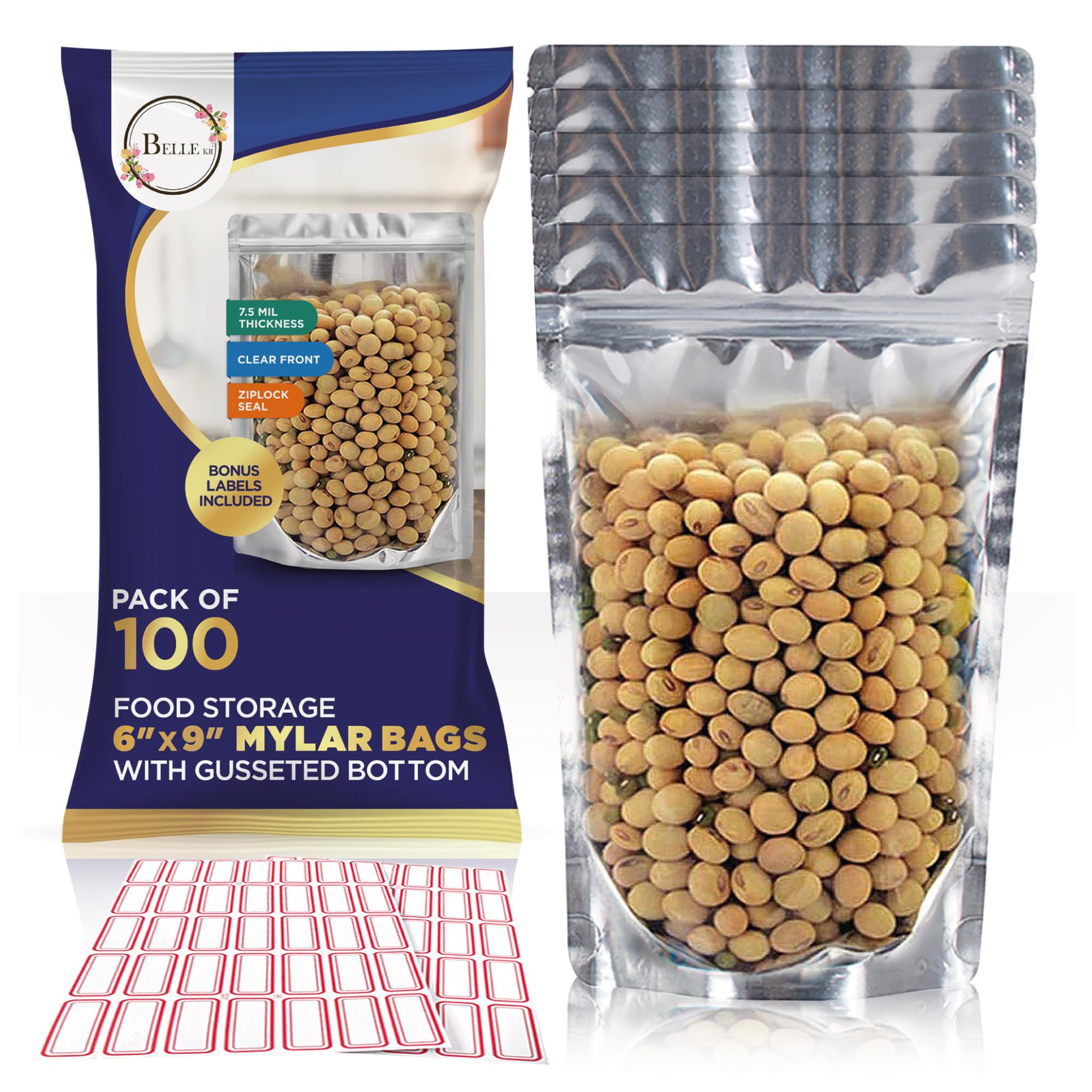 Belle KR - Pack of 300-100 Each of Small, Medium and Large Mylar Bags - Stand Up Clear Front Pouches