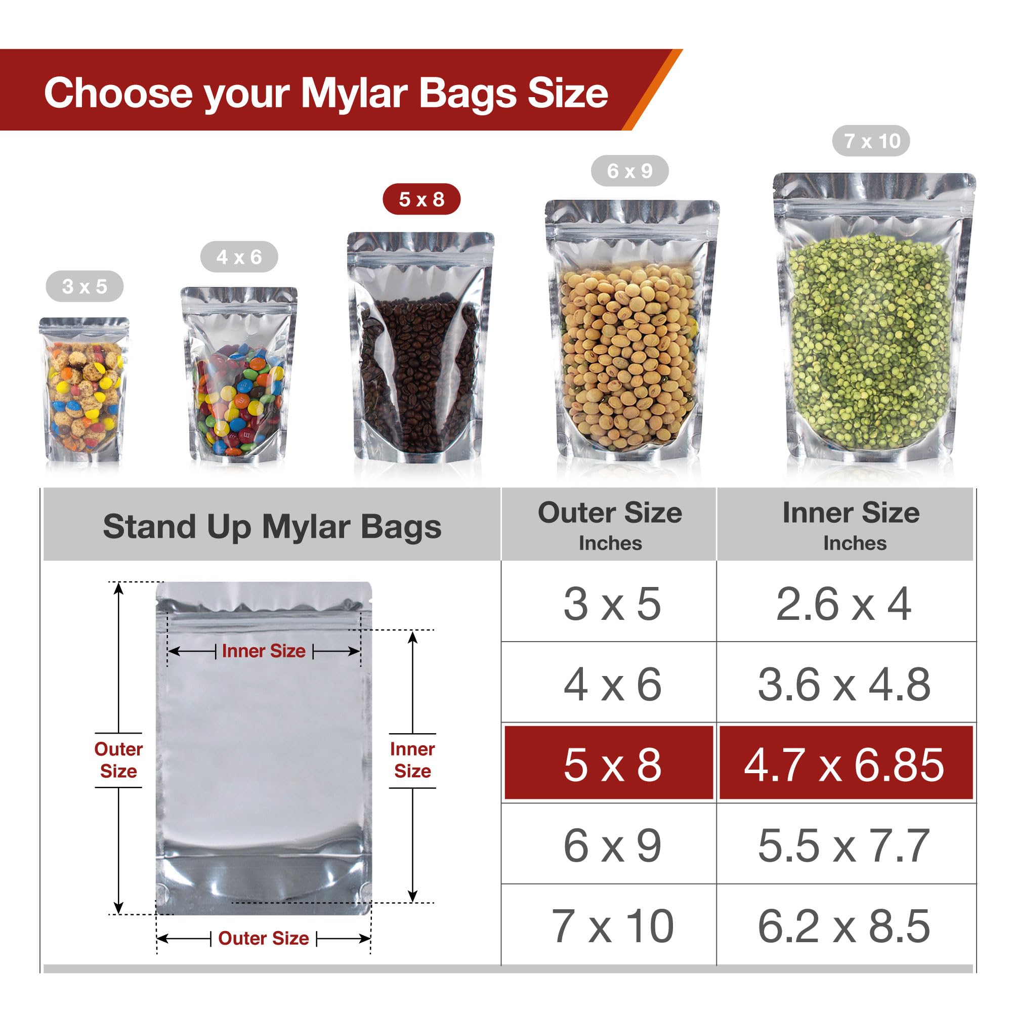 Belle KR - Pack of 300-100 Each of Small, Medium and Large Mylar Bags - Stand Up Clear Front Pouches