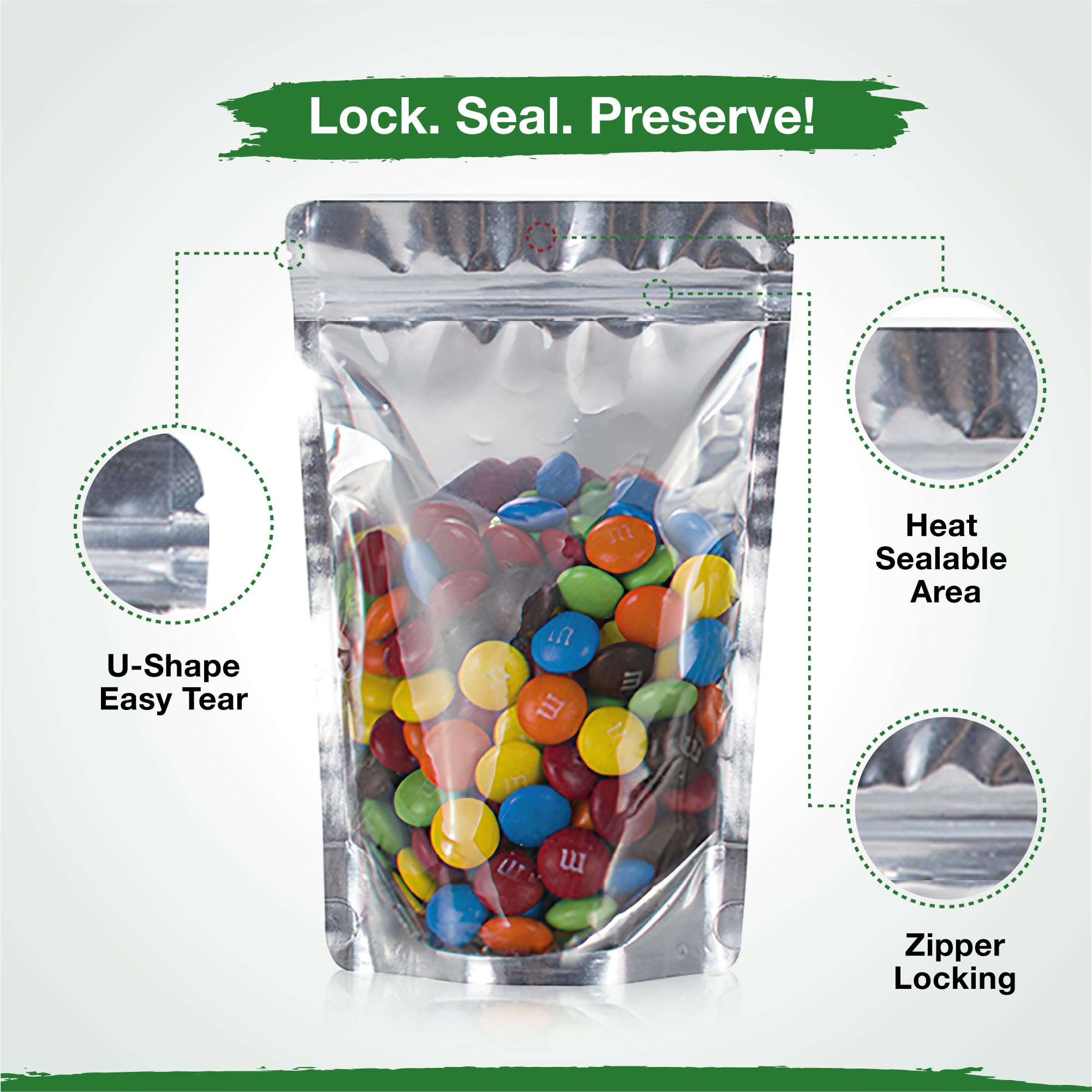 Belle KR - Pack of 300-100 Each of Small, Medium and Large Mylar Bags - Stand Up Clear Front Pouches