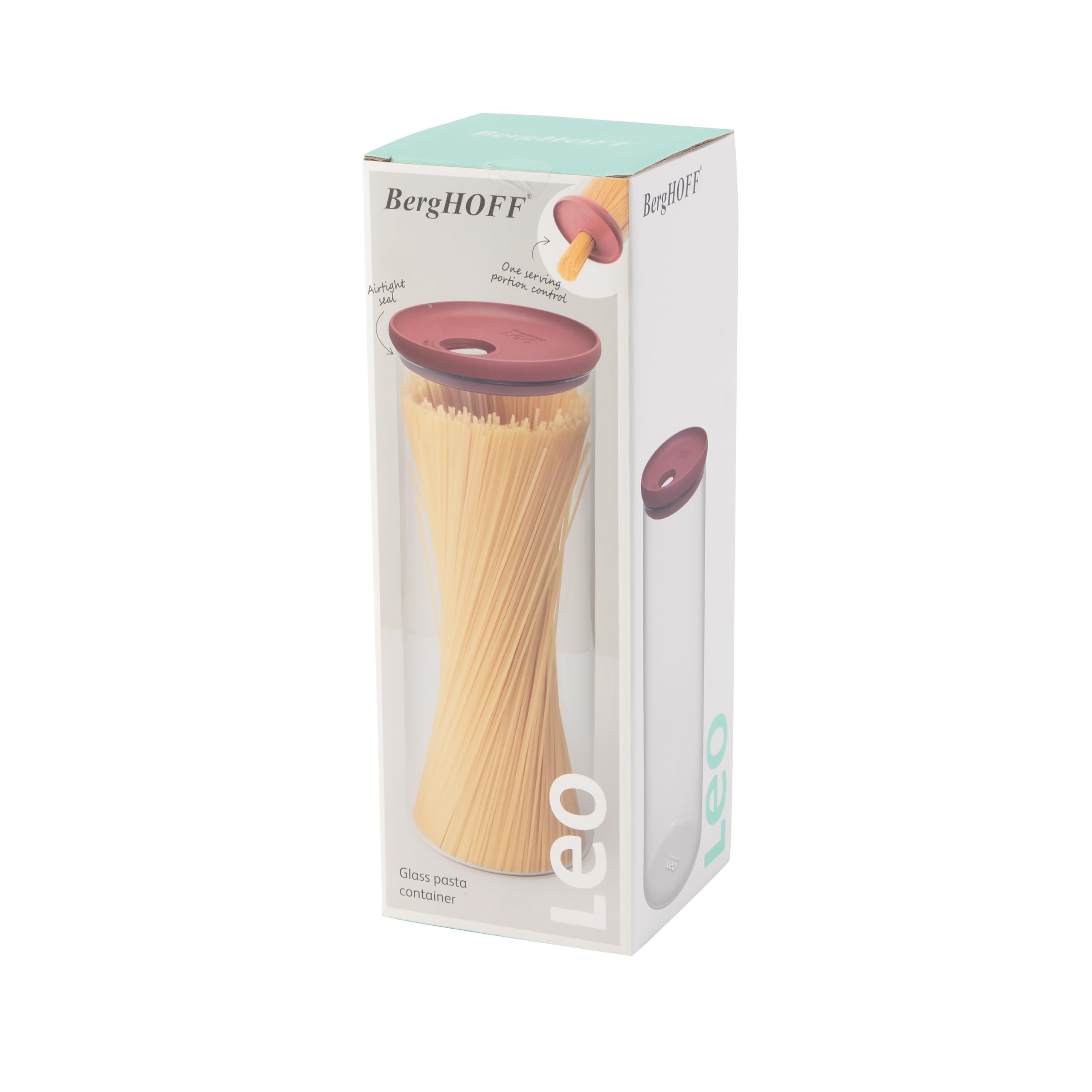 BergHOFF LEO Glass Pasta Container 4"x 11.5" 2 qt. Pink Airtight Lids Scratch-resistant Leakproof Leftover Storage