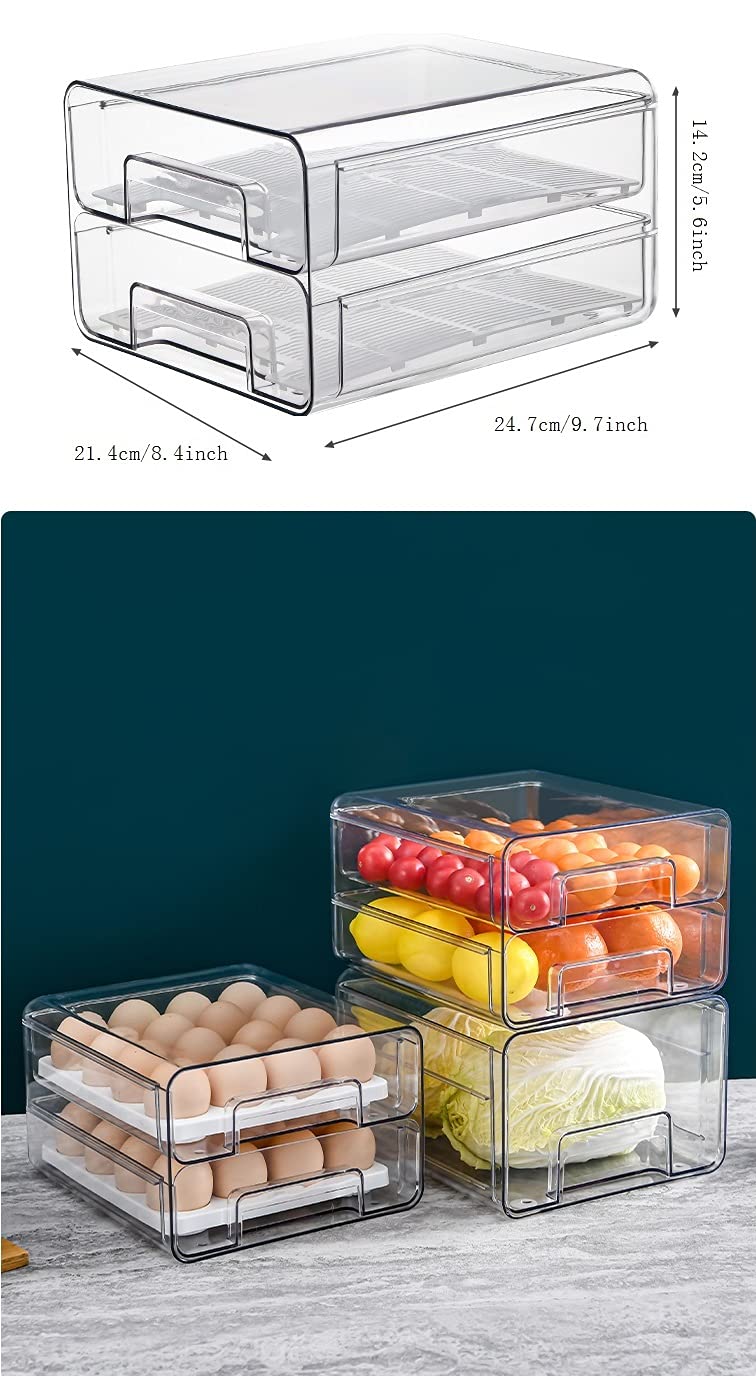 BigTron Food Storage Double Layer Container with Lids Removable Drain Tray for Refrigerator, Food Fruit Vegetables,fridge organizer Stackable Meal Fresh Keeper Bins Clear