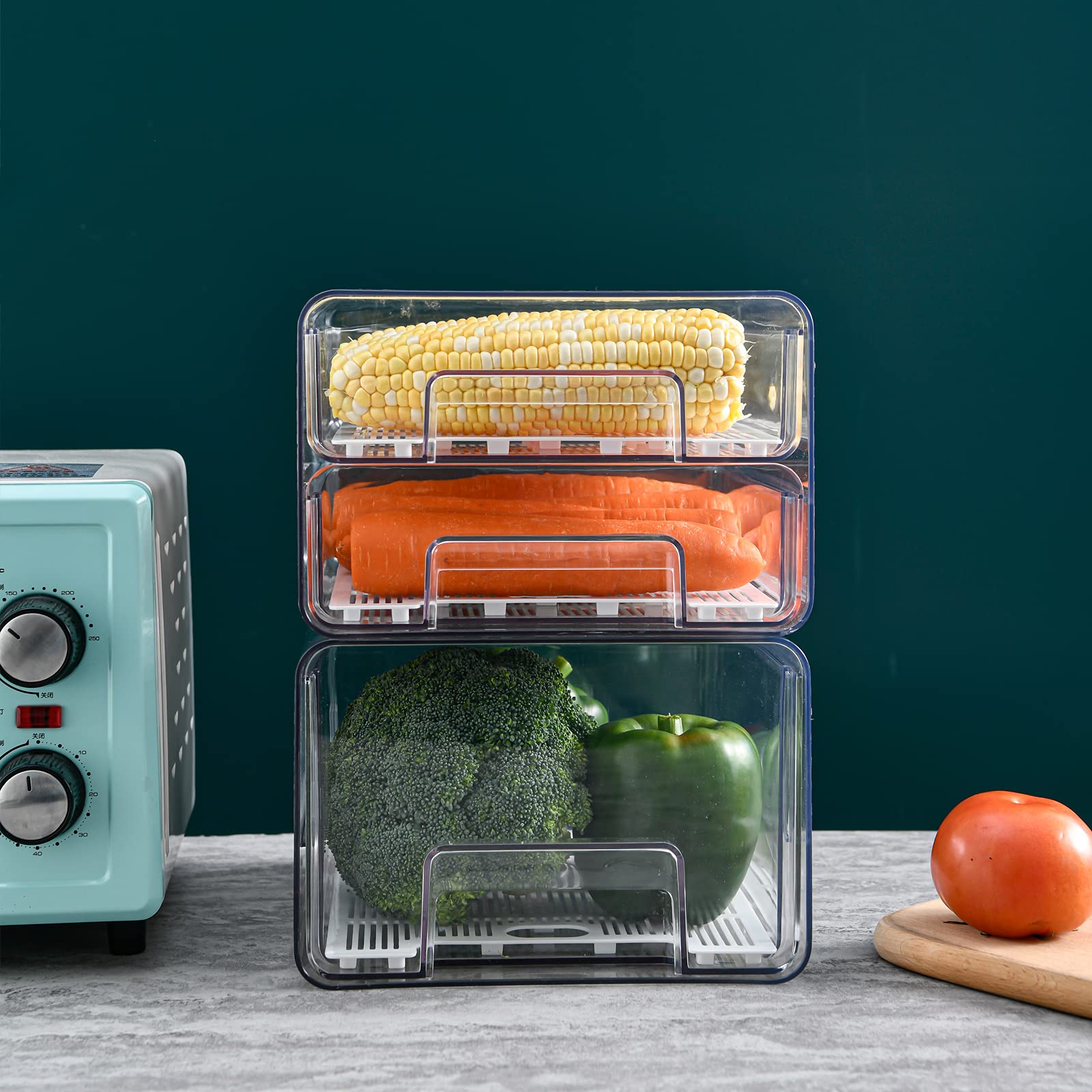 BigTron Food Storage Double Layer Container with Lids Removable Drain Tray for Refrigerator, Food Fruit Vegetables,fridge organizer Stackable Meal Fresh Keeper Bins Clear