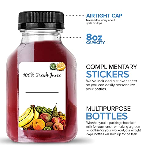 8 oz Juice Bottles with Caps for Juicing - Reusable Plastic Bottles with Lids - 8 Oz Drink Containers for Mini Fridge, Juicer Shots, Small Water Bottles - Includes Labels, Brush & Funnel - (48 Pack)