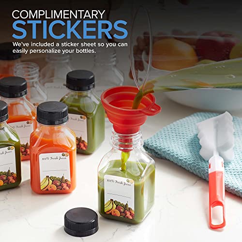 8 oz Juice Bottles with Caps for Juicing - Reusable Plastic Bottles with Lids - 8 Oz Drink Containers for Mini Fridge, Juicer Shots, Small Water Bottles - Includes Labels, Brush & Funnel - (48 Pack)