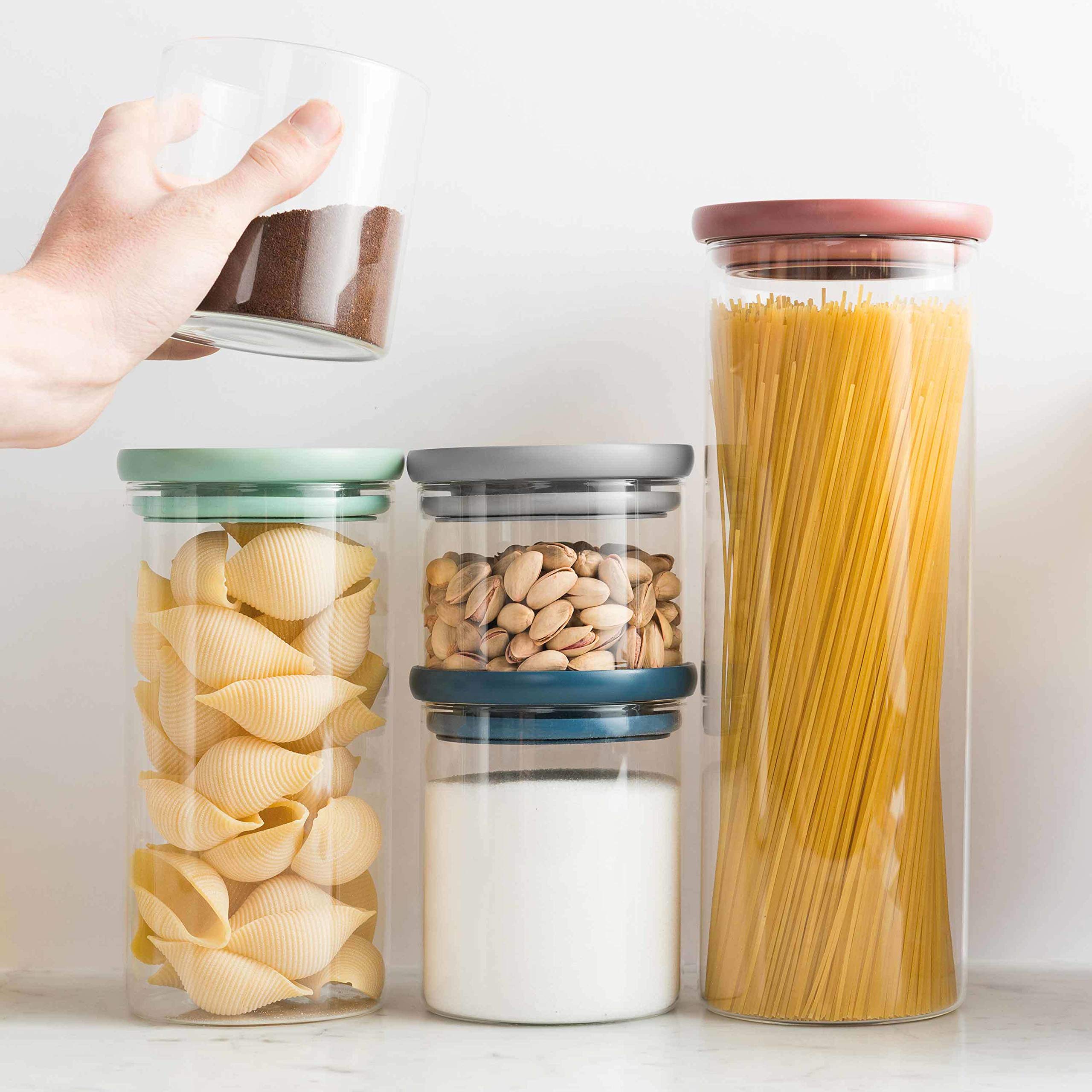 BergHOFF LEO 6Pc Food Storage Containers Set Glass Body And Measuring Spoon Round Blue Green Grey Airtight Lids Leakproof