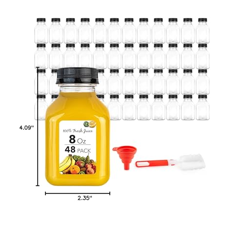 8 oz Juice Bottles with Caps for Juicing - Reusable Plastic Bottles with Lids - 8 Oz Drink Containers for Mini Fridge, Juicer Shots, Small Water Bottles - Includes Labels, Brush & Funnel - (48 Pack)