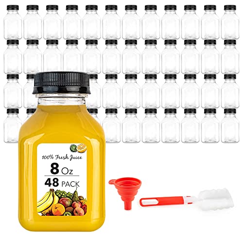 8 oz Juice Bottles with Caps for Juicing - Reusable Plastic Bottles with Lids - 8 Oz Drink Containers for Mini Fridge, Juicer Shots, Small Water Bottles - Includes Labels, Brush & Funnel - (48 Pack)