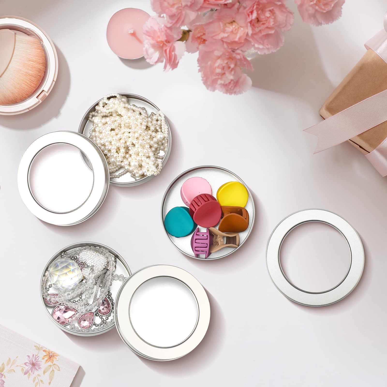 TecUnite 4 oz Metal Tin Cans Round Tin Containers Empty Cans with Clear Top Lid Spice for Kitchen Office Candles Candies and Gifts Holding(48 Pieces)