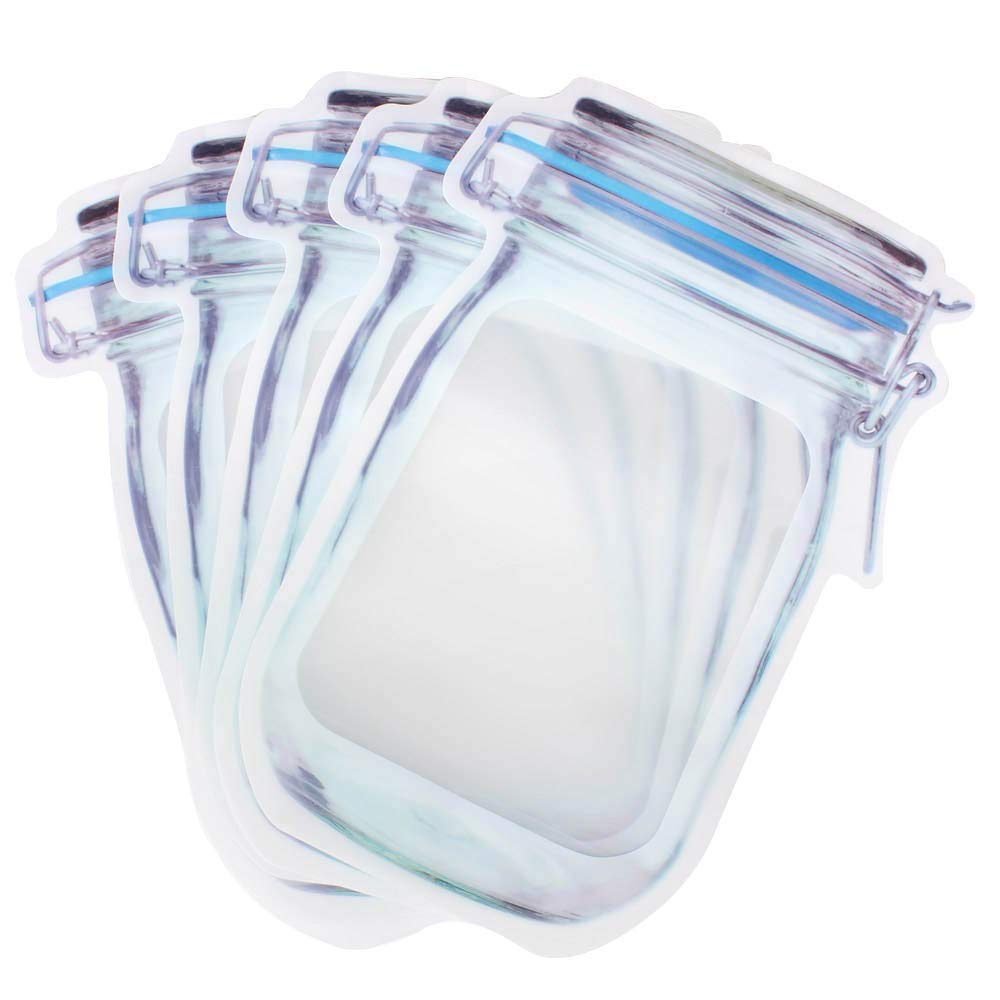 50Pcs Mason Jar Pattern Food Storage Bag Reusable Portable Stand Up Smell Proof Ziplock Bags Snack Saver Container Retail Package Bag Frosted Pouches Blue 9.6×6.7in (24.5×17.5cm)