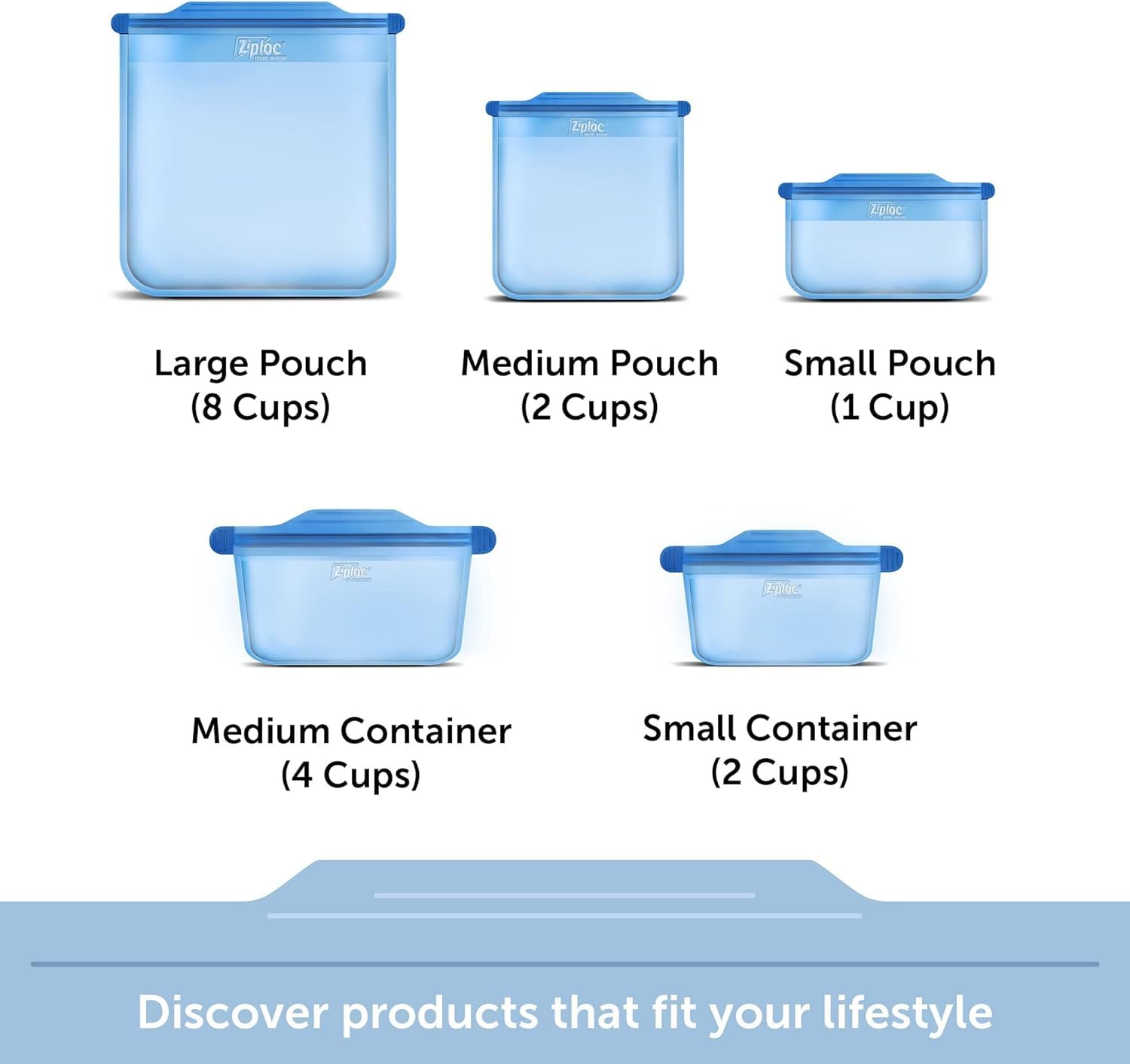 Ziploc Endurables Small Pouch, 1 Cup, Reusable Silicone Bags and Food Storage Meal Prep Containers for Freezer, Oven, and Microwave, Dishwasher Safe