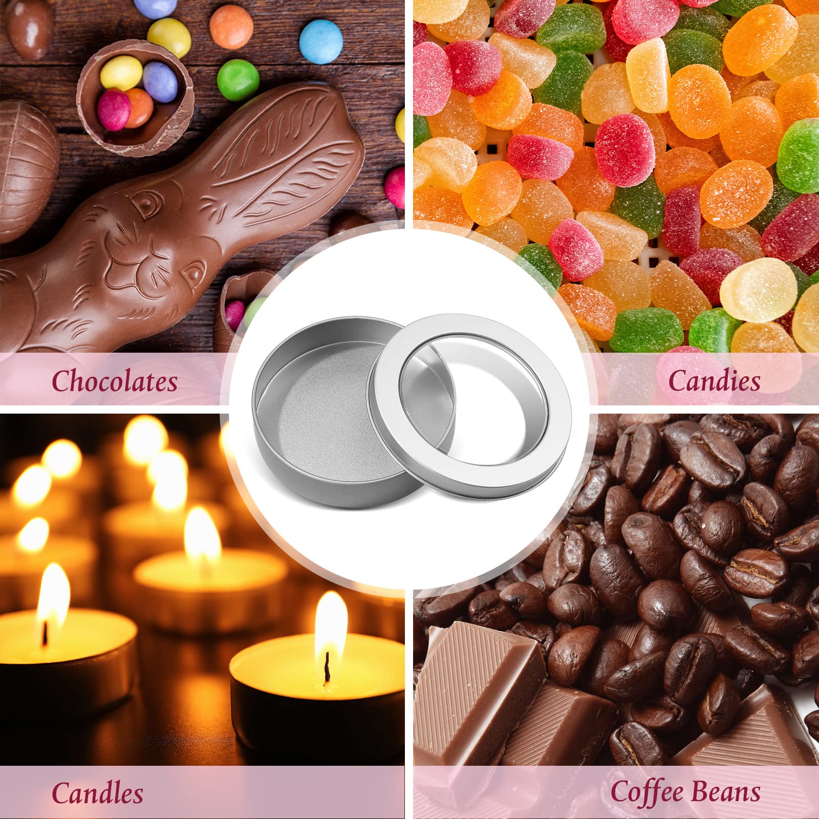 TecUnite 4 oz Metal Tin Cans Round Tin Containers Empty Cans with Clear Top Lid Spice for Kitchen Office Candles Candies and Gifts Holding(48 Pieces)