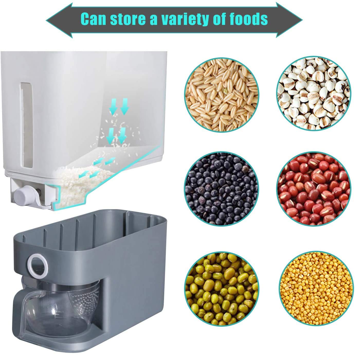 Kitchen Rice Storage Containers - 26Lbs Large Airtight Rice Bucket Grain Storage Bin Cereal Dispenser Container with Measuring Cup -Keep Dry Fresh and Insect Free (Free Silicone Whisk)