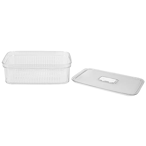Home Basics Clear Fruit and Vegetable Fridge Storage Container Medium Produce Saver with Lid and Removable Colander | Adjustable Air Vent on Lid