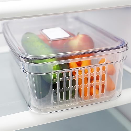 Home Basics Clear Fruit and Vegetable Fridge Storage Container Medium Produce Saver with Lid and Removable Colander | Adjustable Air Vent on Lid