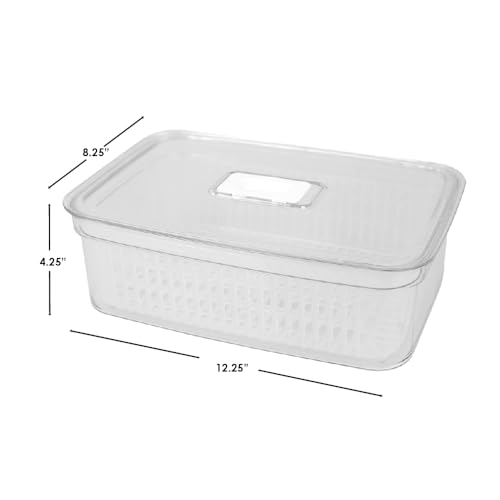 Home Basics Clear Fruit and Vegetable Fridge Storage Container Medium Produce Saver with Lid and Removable Colander | Adjustable Air Vent on Lid