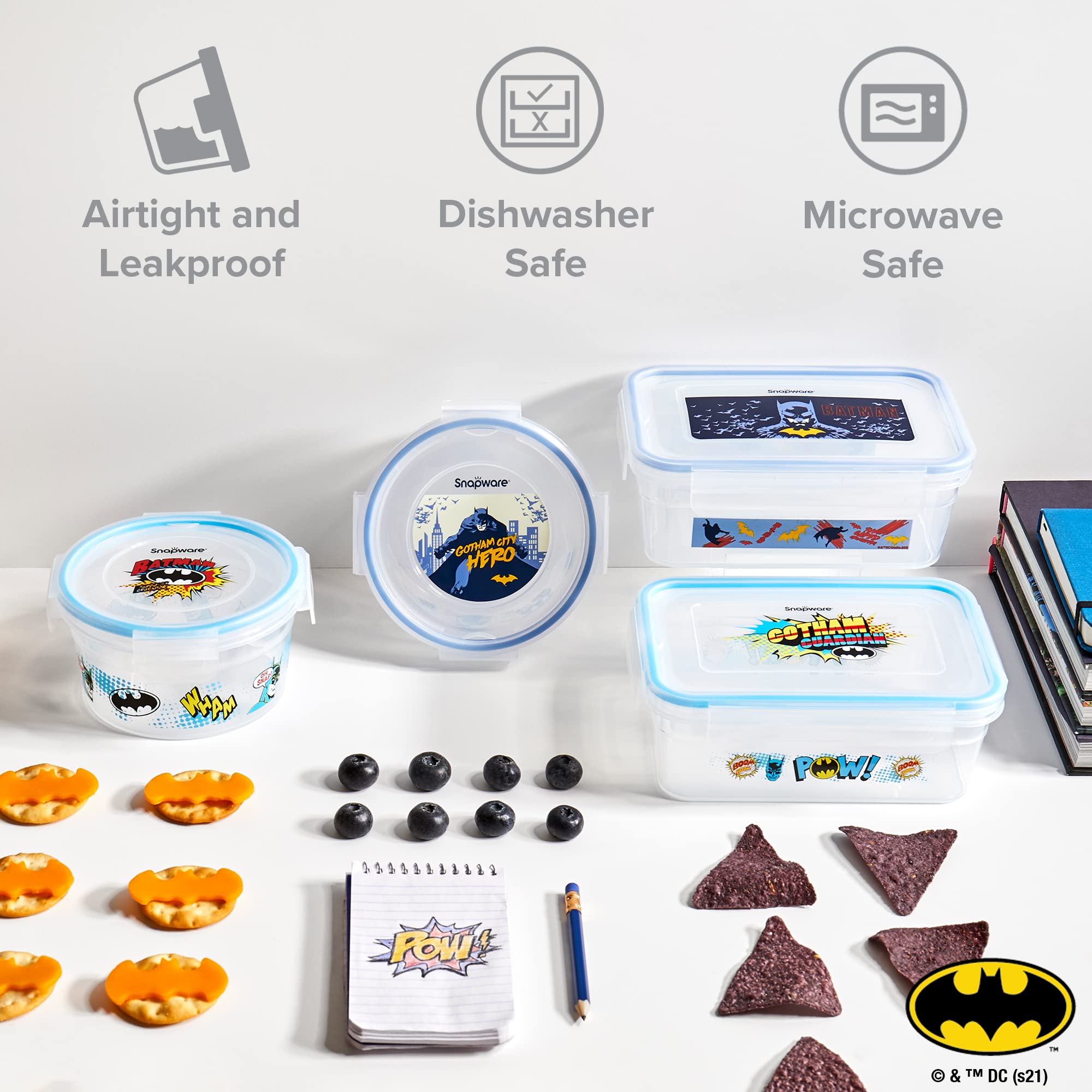 Snapware 8-Pc Plastic Food Storage Containers Set, 4.6-Cup & 3-Cup Meal Prep Containers with Lid, Non-Toxic, BPA-Free Lids with 4 Tab Locking Lids, Dishwasher, Microwave, and Freezer Safe, Batman