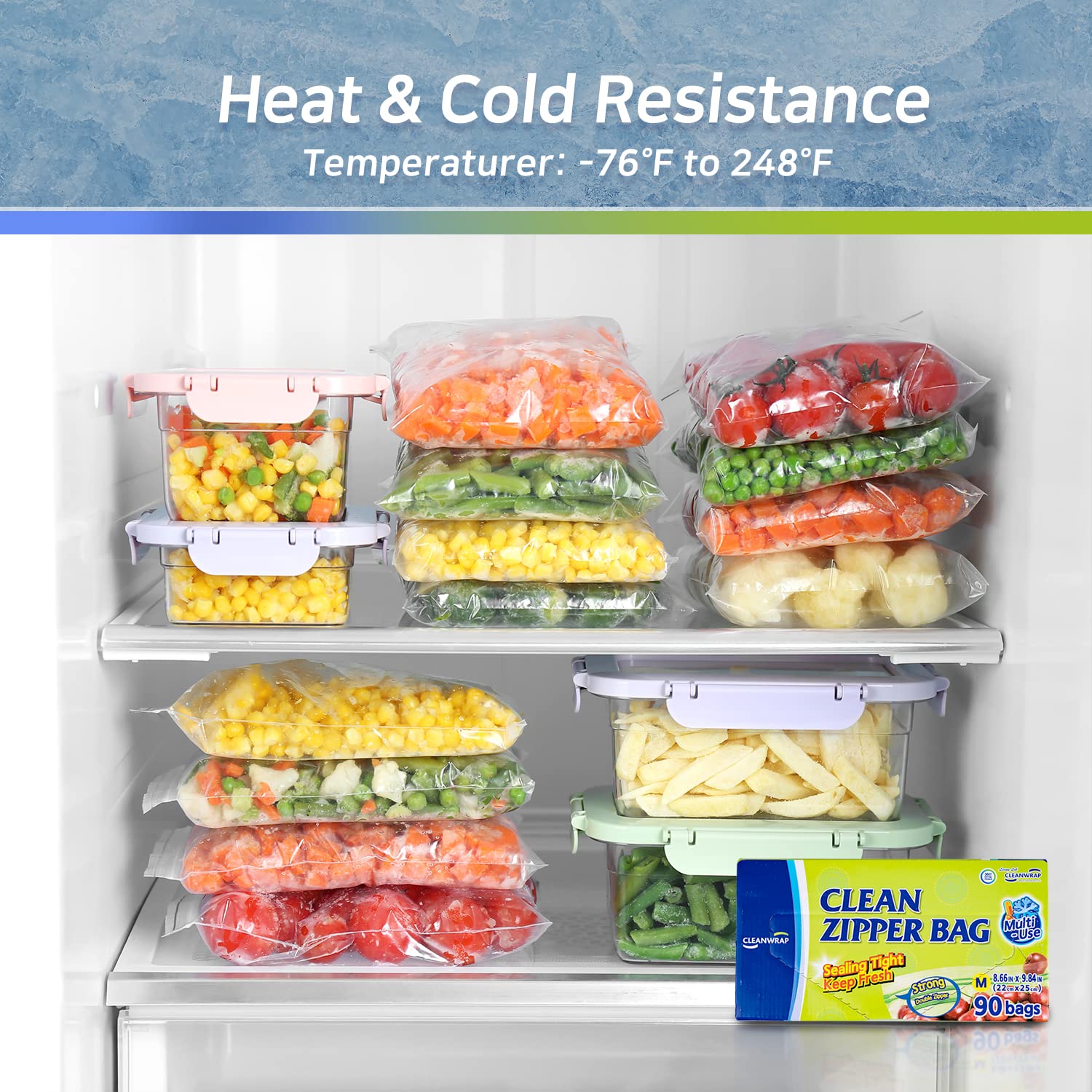 Clean Zipper Bag Medium 90 Bags, LDPE, BPA FREE, Food Storage Bags, Freezer Bags