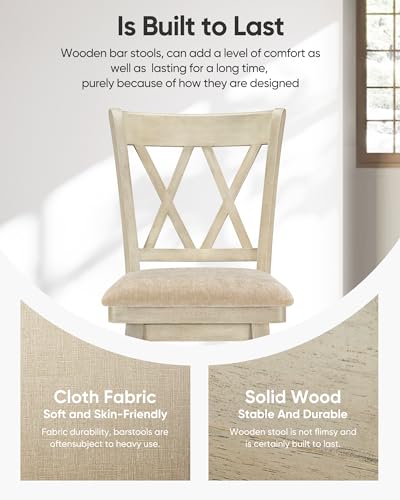 Bar Stools Set of 3, 30.3" Seat H for 39.3"~41.3" Counter Height, 360° Swivel Modern Bar Stool with Curved Wooden Back, Luxury Cloth Fabric Upholstered Counter Stools for Kitchen Island Counter