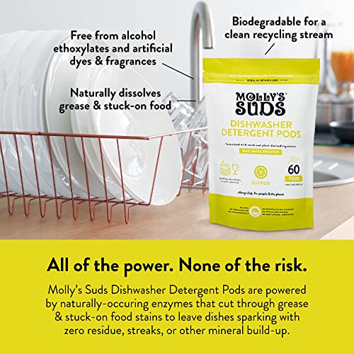 Molly's Suds Dishwasher Pods | Natural Dishwasher Detergent, Cuts Grease & Rinses Clean (Residue-Free) for Sparkling Dishes, Biodegradable Auto-Release Tabs (Citrus - 60 Count)
