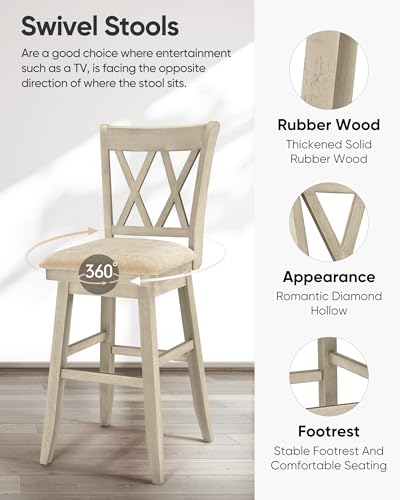 Bar Stools Set of 3, 30.3" Seat H for 39.3"~41.3" Counter Height, 360° Swivel Modern Bar Stool with Curved Wooden Back, Luxury Cloth Fabric Upholstered Counter Stools for Kitchen Island Counter
