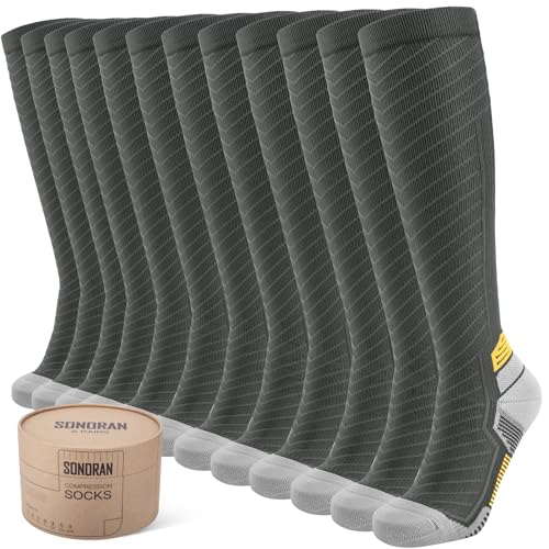 SONORAN 6 Pairs Compression Socks for Men & Women 20-30 mmHg Graduated Compression Socks Knee High Best Support for Running, Travel, Athletic L/XL(Gray Yellow)