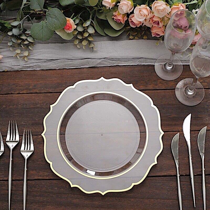 10 Pcs of 10.5" Clear Round Dinner Plates With Gold Scalloped Rim Wedding Tableware