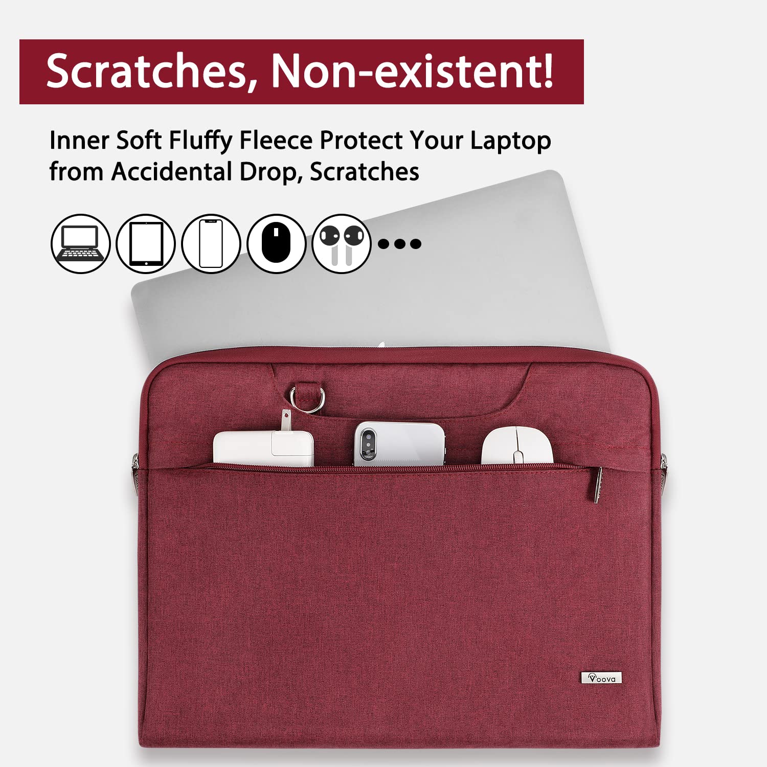 V Voova Laptop Bag Carrying Case 15 15.6 16 inch with Shoulder Strap for Women, Slim Computer Sleeve Compatible for MacBook Pro 15/16, Dell XPS 15, HP Asus Acer Lenovo Notebook, Red