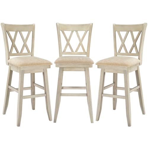 Bar Stools Set of 3, 30.3" Seat H for 39.3"~41.3" Counter Height, 360° Swivel Modern Bar Stool with Curved Wooden Back, Luxury Cloth Fabric Upholstered Counter Stools for Kitchen Island Counter