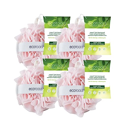 EcoTools EcoPouf Dual Cleansing Pad, Gentle Cleansing Body Scrubber, Exfoliating for Shower & Bath, Pink, 4 Count
