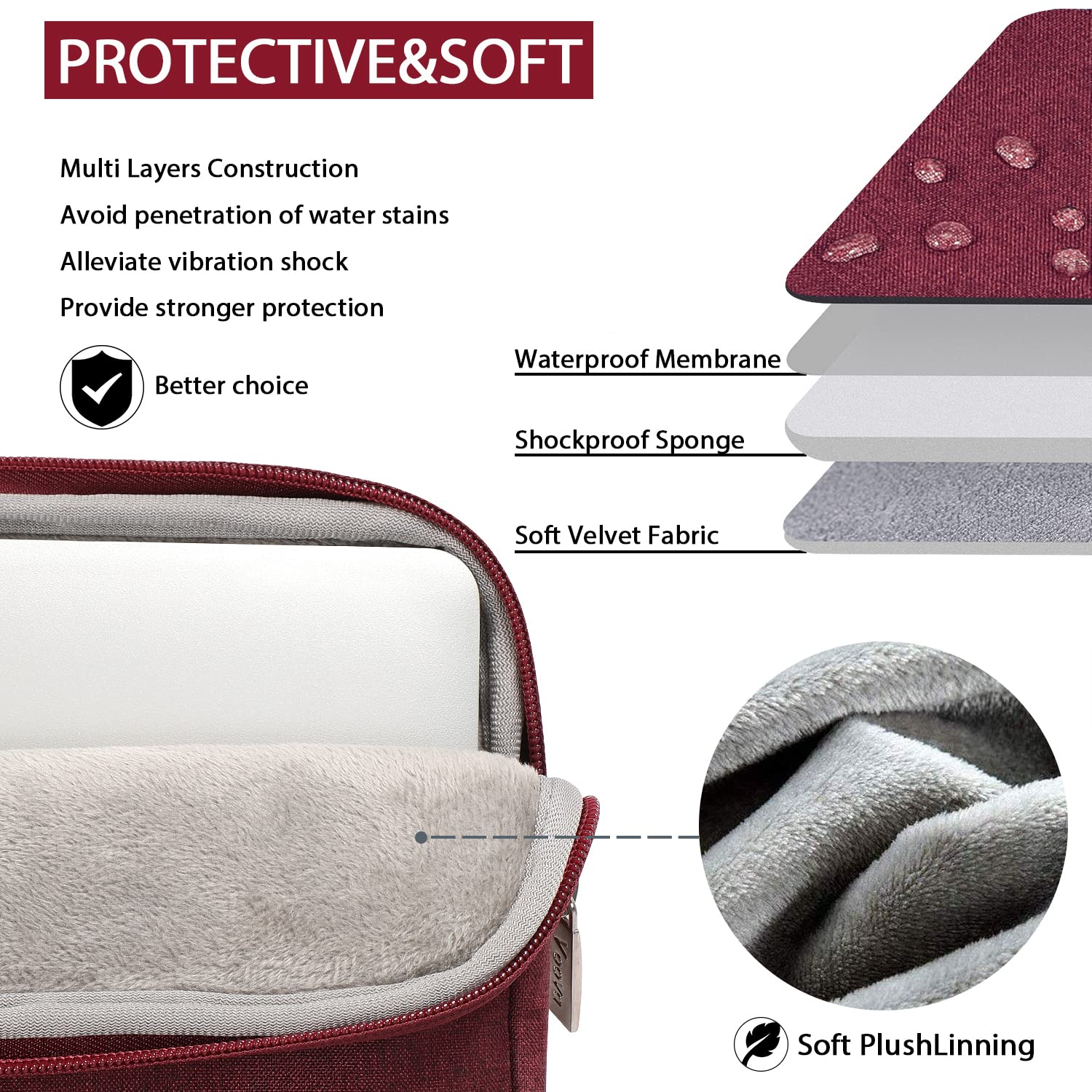 V Voova Laptop Bag Carrying Case 15 15.6 16 inch with Shoulder Strap for Women, Slim Computer Sleeve Compatible for MacBook Pro 15/16, Dell XPS 15, HP Asus Acer Lenovo Notebook, Red