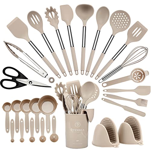 Hvygss Kitchen Utensil Set, 28 Pcs Silicone Cooking Utensils Set, Stainless Steel Handle Silicone Spatula Set with Silicone Whisk, Tongs, Ladle, Scissors, Measuring Cups and Spoons Set (Khaki)