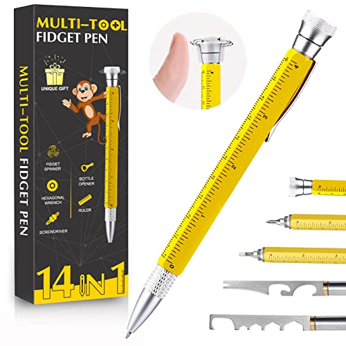 XAMAWA Multitool Fidget Pen - Gifts for Him Boyfriend Husband, Stress Relief Cool Gadgets Tools Gifts for Men Dad, Multi-tool Pen for Office Engineer Woodworkers Construction - Yellow