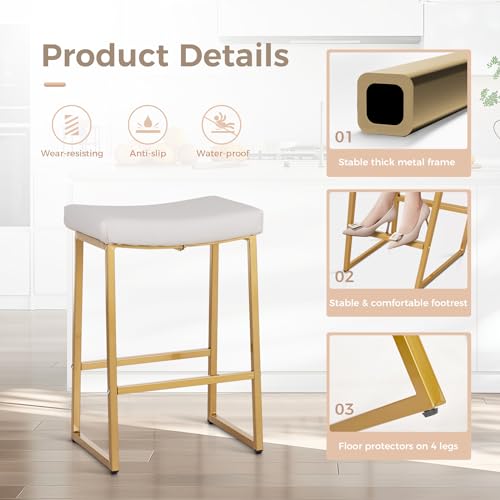 MAISON ARTS White & Gold Bar Stools Set of 4 Counter Height 24 Inches Saddle Stools for Kitchen Counter Backless Modern Gold Barstools Upholstered Faux Leather Stools Farmhouse Island Chairs