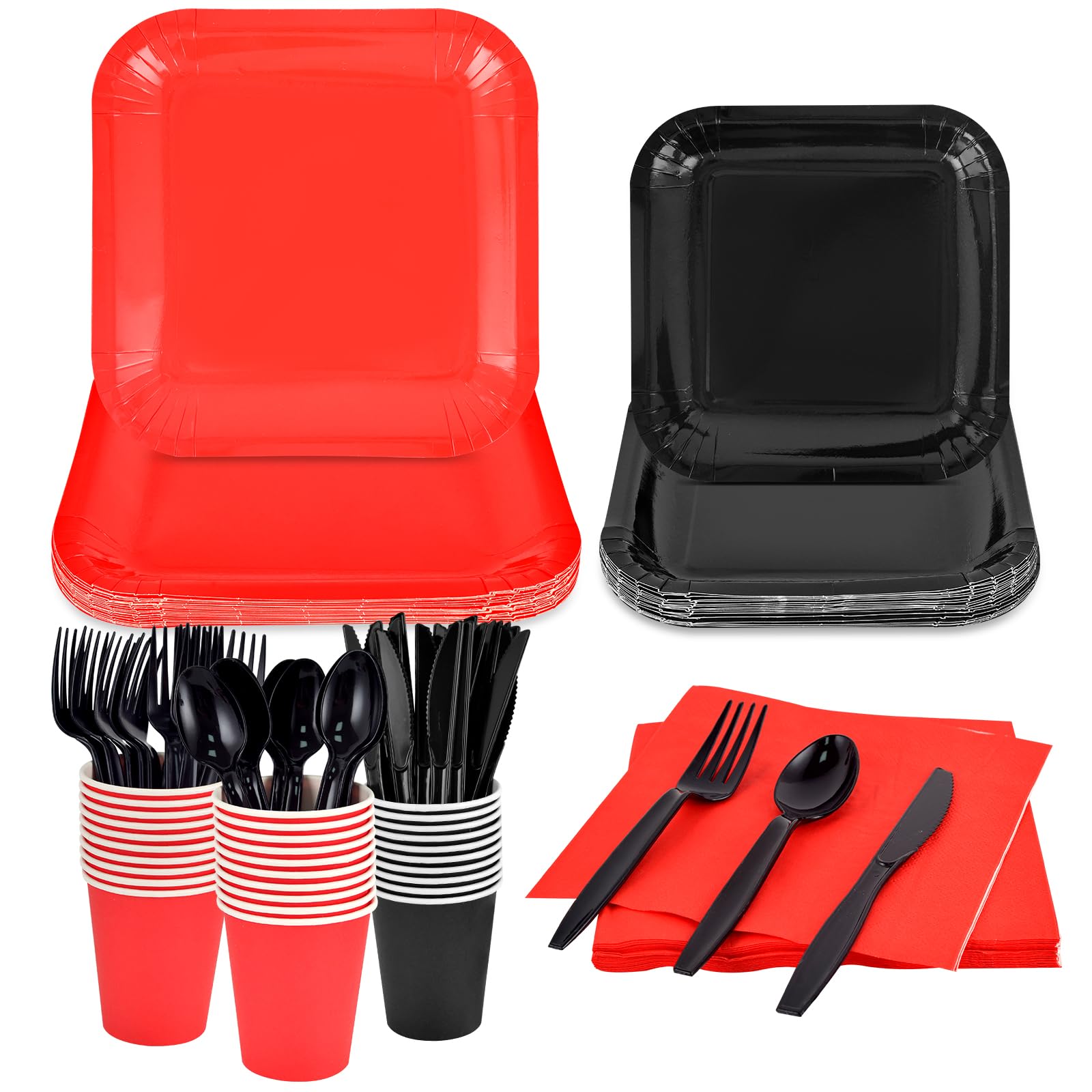 120 Pieces Red and Black Paper Plates and Napkins Party Decorations Supplies Square Red and Black Dinnerware Paper Plates Cups and Utensils Set for 2023 Congrats Grad Wedding Birthday Parities