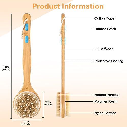 Shower Brush for Body, Coolbird Back Scrubber for Shower Brush with Soft and Stiff Bristles, Bath Dual-Sided Long Handle, Solid Wood Frame & Boar Hair Exfoliating Brush【Black Silicone】